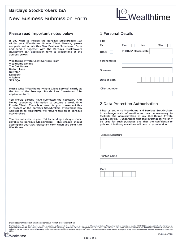 Fillable Online New Business Submission Form - Wealthtime Fax Email ...