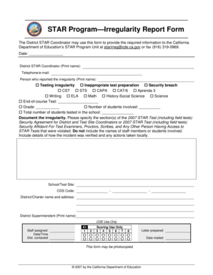 Fillable Online STAR Irregularity Report Form - startestorg Fax Email ...