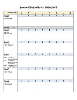 Fillable Online Queensbury Middle School Six-Block Schedule 2014-15 A B ...