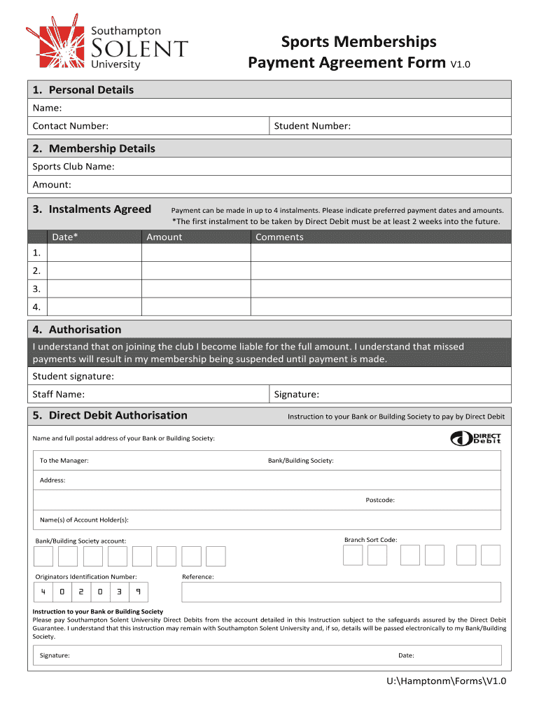 Fillable Online Sports Memberships Payment Agreement Form Fax Email ...