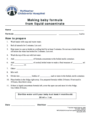 Fillable Online Formula Making baby formula from liquid concentrate Fax ...