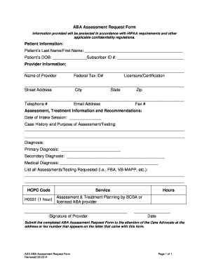 Fillable Online OHBS ASD ABA Assessment Request Form. Reviewed 04-2012 ...