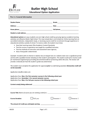 Fillable Online Butler High School Educational Option Application Part ...