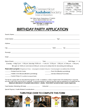 Fillable Online ctaudubon BIRTHDAY PARTY APPLICATION - ctaudubonorg Fax ...