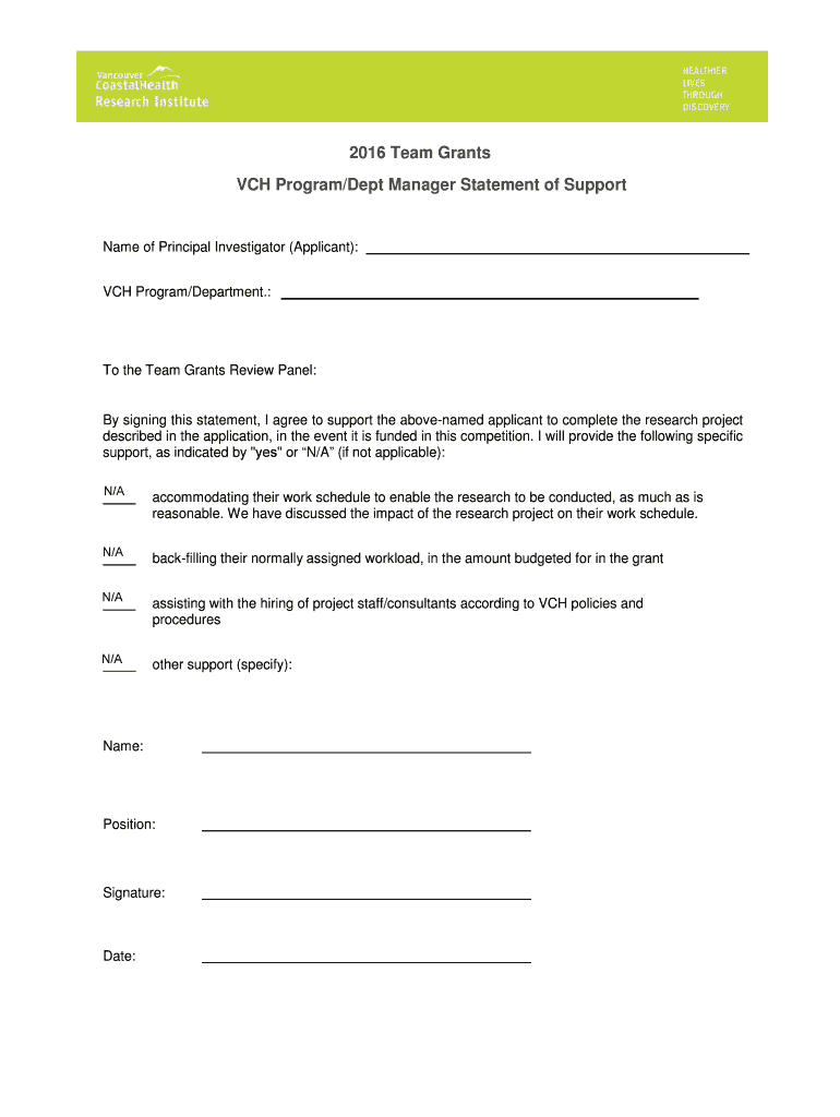 Fillable Online 2016 Team Grants VCH ProgramDept Manager Statement of ...
