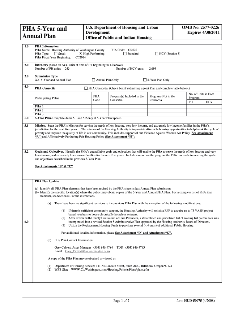 Fillable Online co washington or 0 PHA Information PHA Name: Housing ...