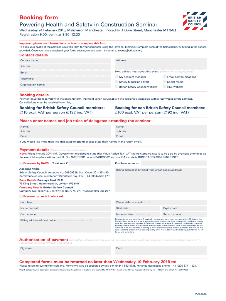 Fillable Online Booking form Powering Health and Safety in Construction ...