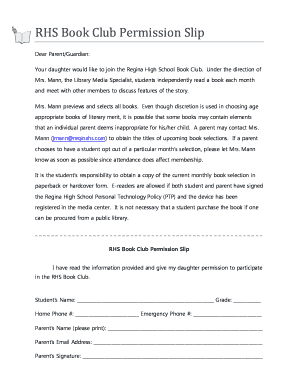 Fillable Online RHS Book Club Permission Slip Fax Email Print - pdfFiller