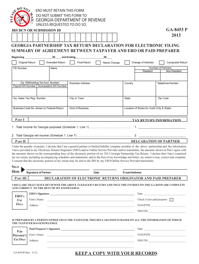 Fillable Online GEORGIA PARTNERSHIP TAX RETURN DECLARATION FOR ...