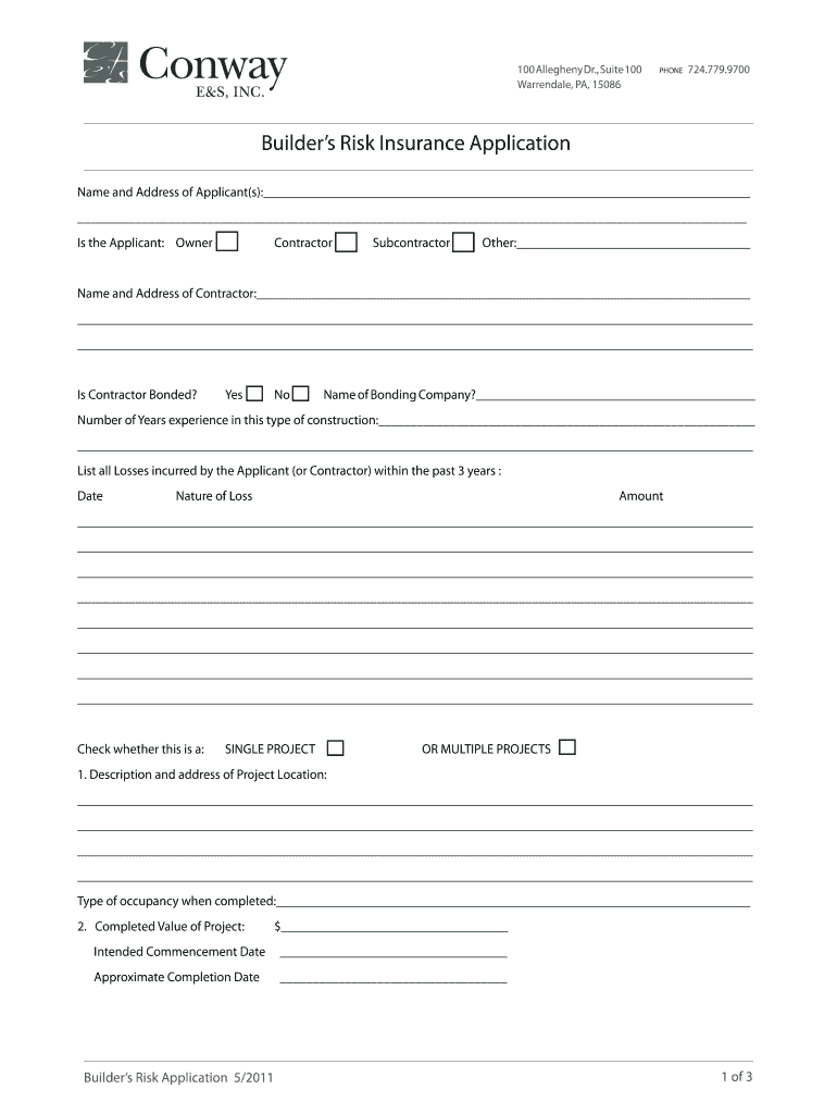 Fillable Online Builders Risk Insurance Application - conwayescom Fax ...