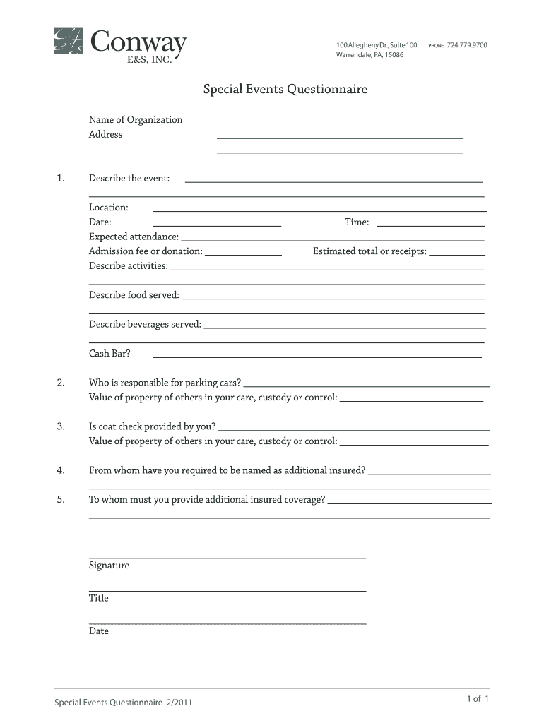 Fillable Online Special Events Questionnaire - conwayescom Fax Email ...