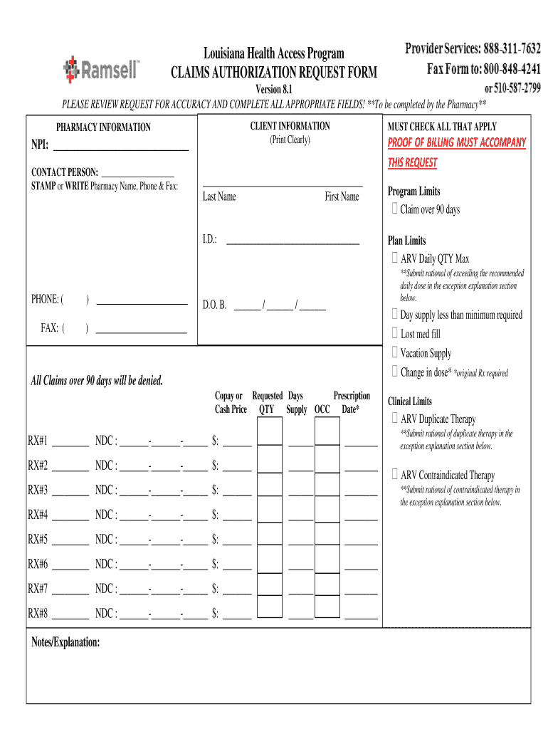 Fillable Online Louisiana Health Access Program CLAIMS AUTHORIZATION ...