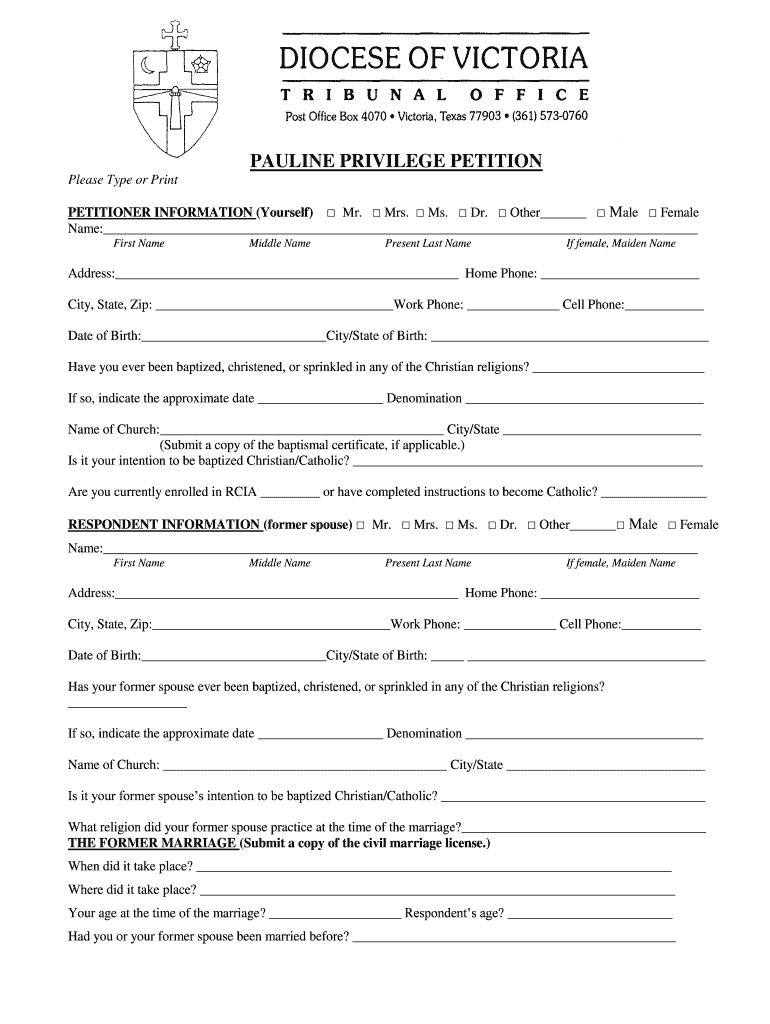 Fillable Online victoriadiocese PAULINE PRIVILEGE PETITION ...