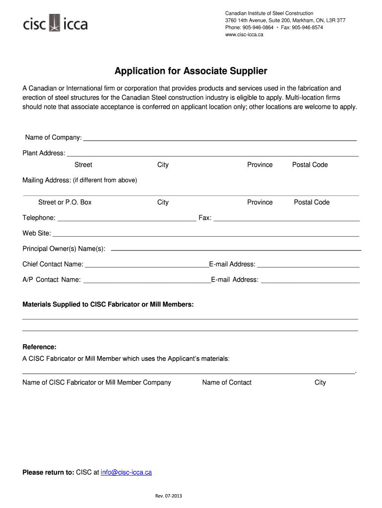 Fillable Online Application for Associate Supplier - CISC-ICCA Fax Email Print - pdfFiller