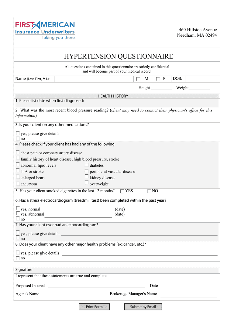 Fillable Online HYPERTENSION QUESTIONNAIRE - FAIU Fax Email Print ...