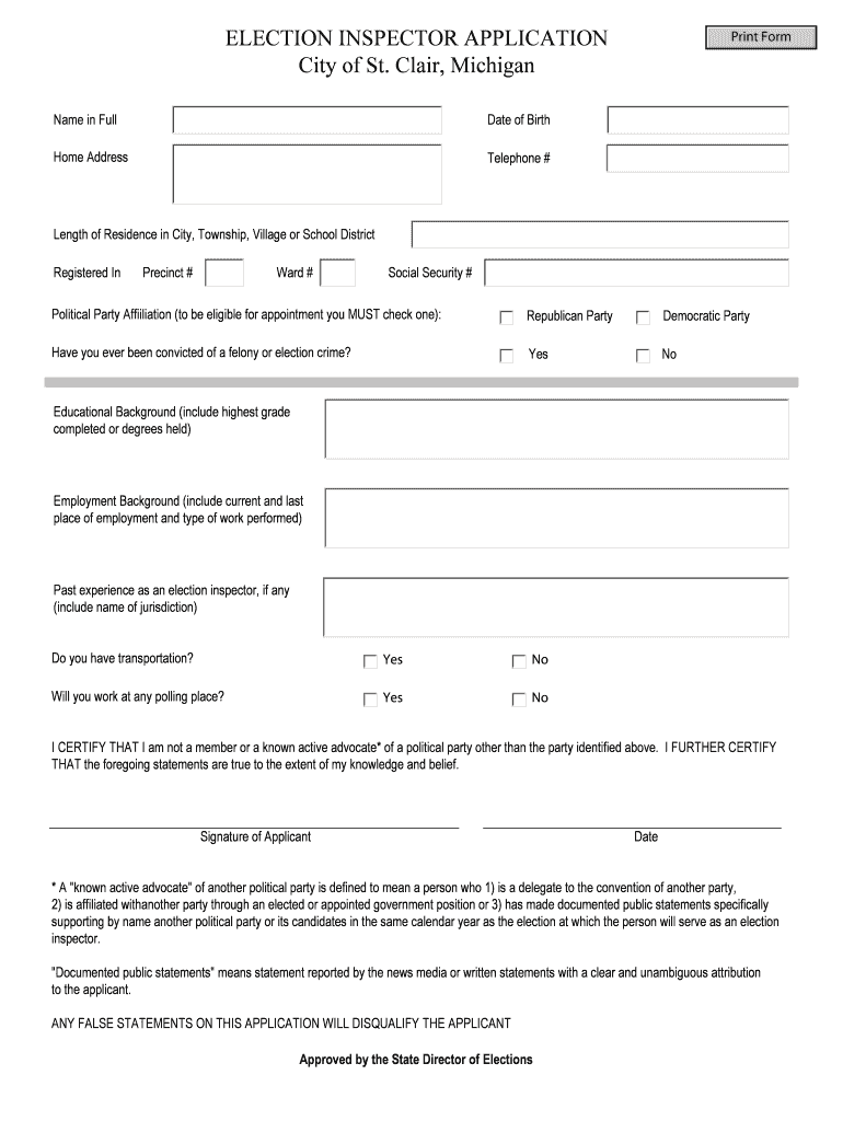 Fillable Online ELECTION INSPECTOR APPLICATION City of St Clair ...