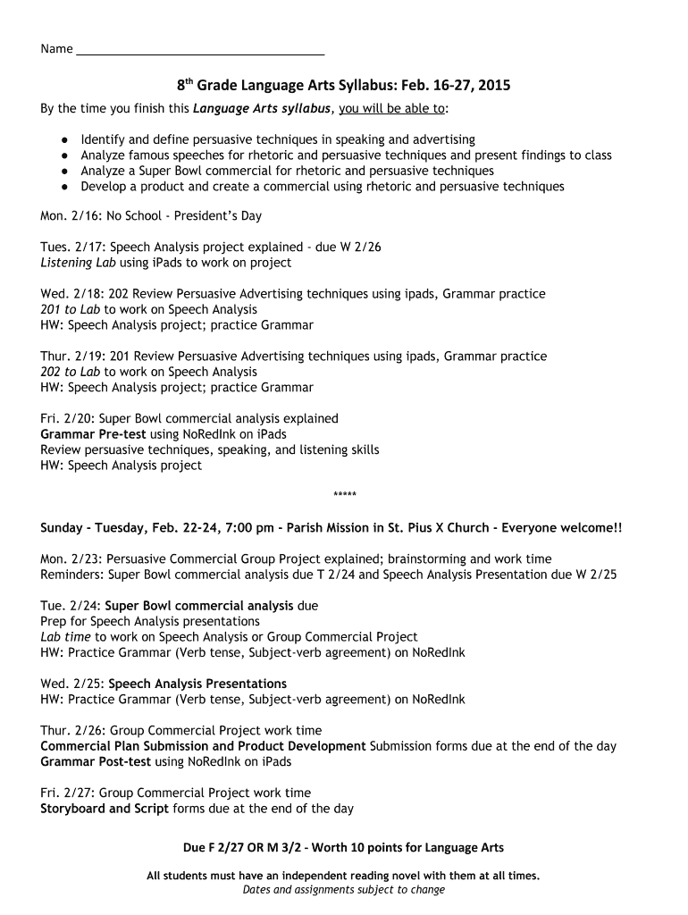 Fillable Online Grade Language Arts Syllabus Feb Fax Email Print ...