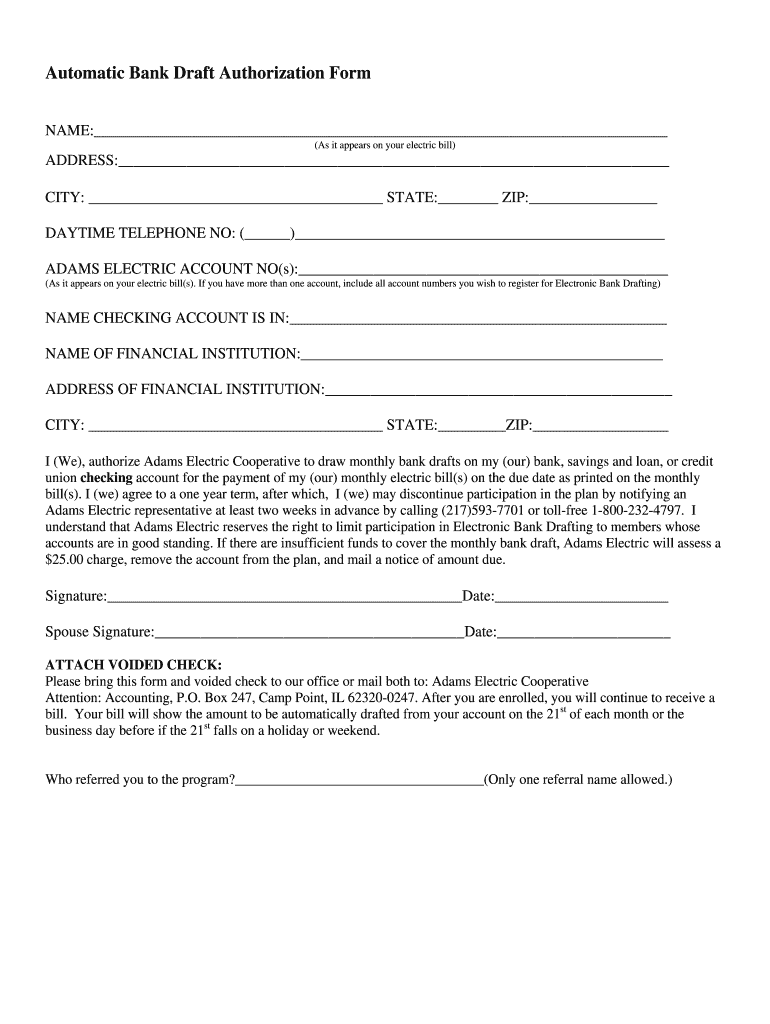 Fillable Online adamselectric Automatic Bank Draft Authorization Form ...