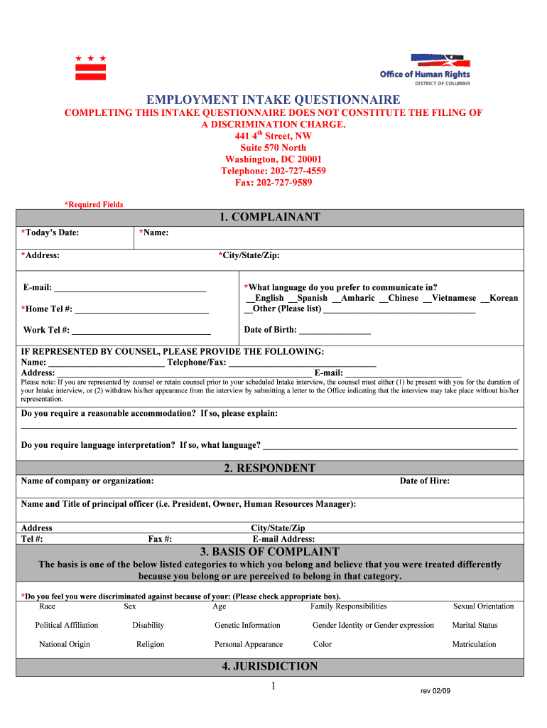 Fillable Online ohr dc EMPLOYMENT INTAKE QUESTIONNAIRE COMPLETING THIS ...