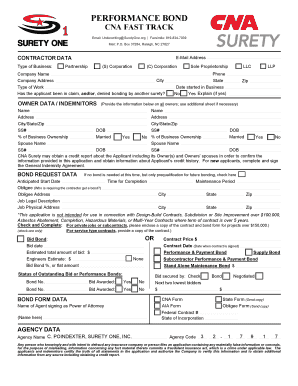 Fillable Online suretyone PERFORMANCE BOND CNA FAST TRACK - Surety One ...