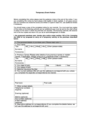 Fillable Online Temporary Event Notice - Licensing Resource Fax Email ...