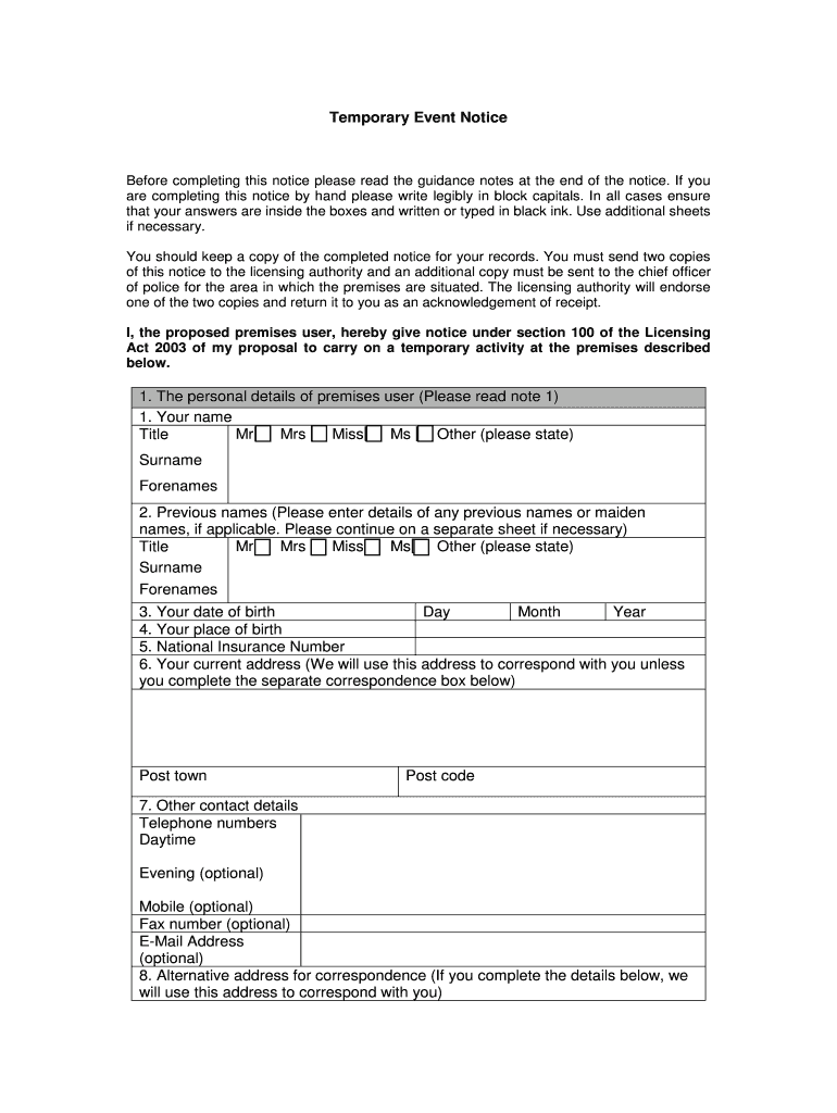 Fillable Online Temporary Event Notice - Licensing Resource Fax Email ...