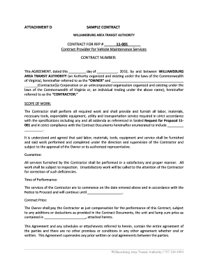 Fillable Online ATTACHMENT D SAMPLE CONTRACT - Home - WATA Fax Email ...