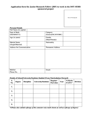 Fillable Online Application form for Junior Research Fellow JRF to work ...