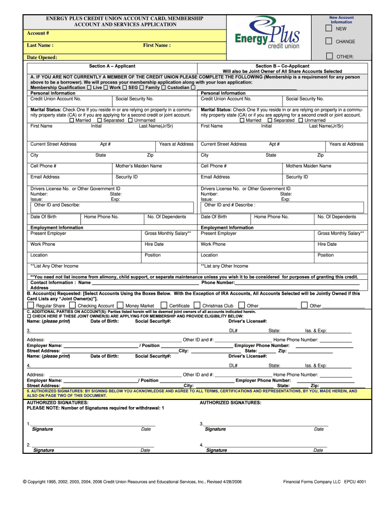 Fillable Online energypluscu ENERGY PLUS CREDIT UNION ACCOUNT CARD ...