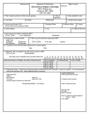 Fillable Online Date Received Application for Employment Office Use ...