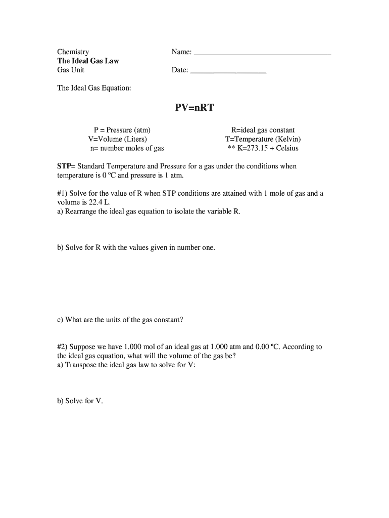 Fillable Online wa westfordk12 Chemistry The Ideal Gas Law Gas Unit ...