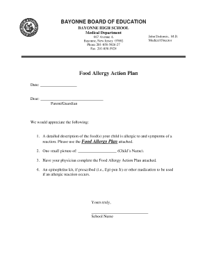 Fillable Online Food Allergy Action Plan - Bayonne Board of Education ...