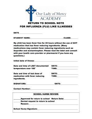 Fillable Online RETURN TO SCHOOL NOTE FOR INFLUENZA FLU LIKE ILLNESSES ...