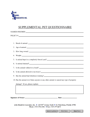 Fillable Online SUPPLEMENTAL PET QUESTIONNAIRE - jhassoccom Fax Email ...
