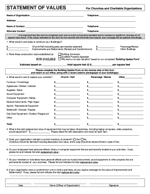 Fillable Online STATEMENT OF VALUES For Churches and Charitable ...