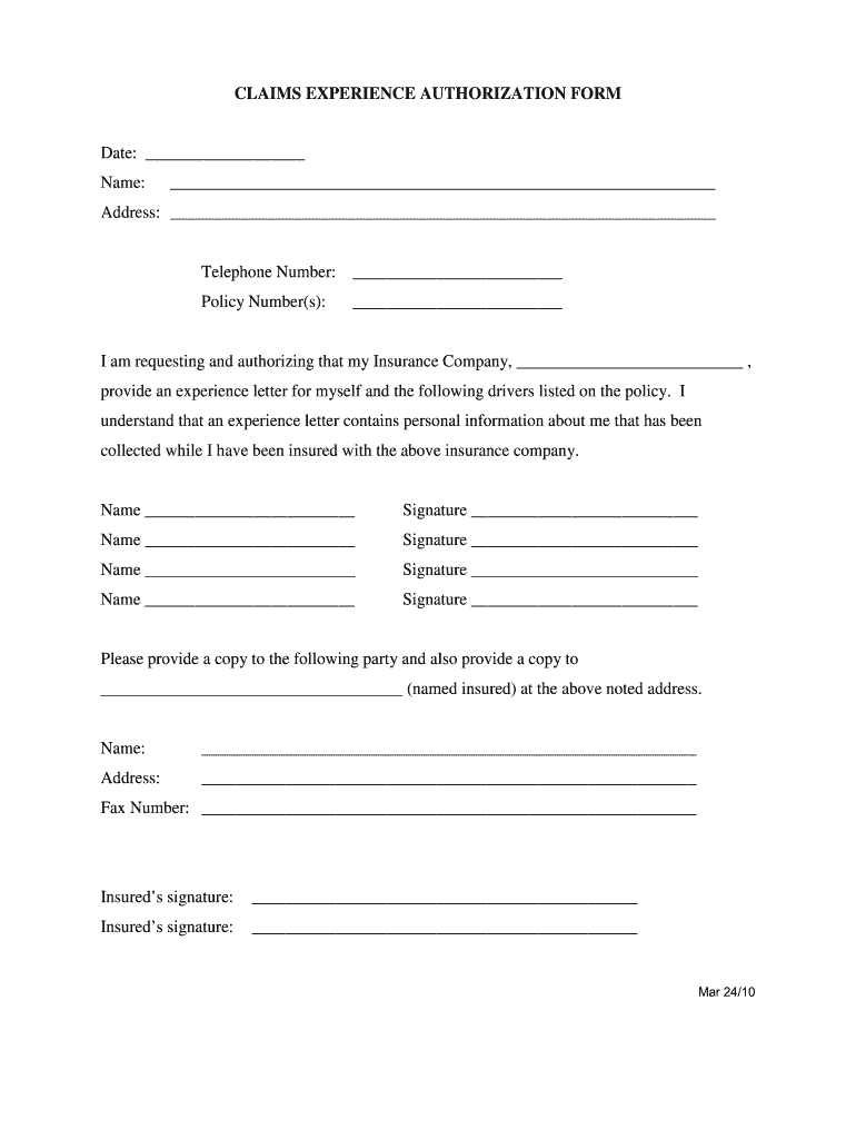 Fillable Online Claims Experience Authorization Form - Drayden ...