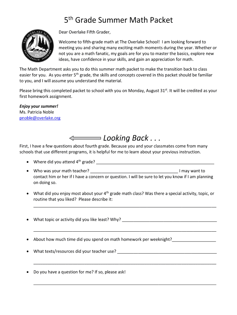 Fillable Online overlake 5th Grade Summer Math Packet - boverlakeorgb ...