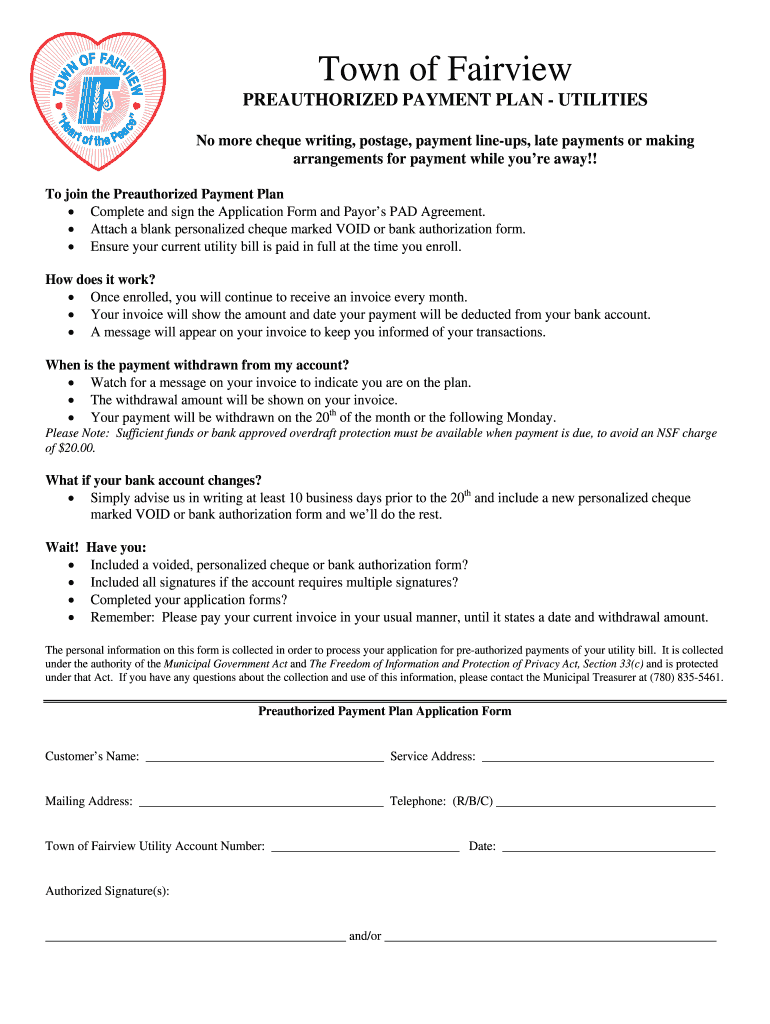 Fillable Online PREAUTHORIZED PAYMENT PLAN UTILITIES Fax Email Print - pdfFiller