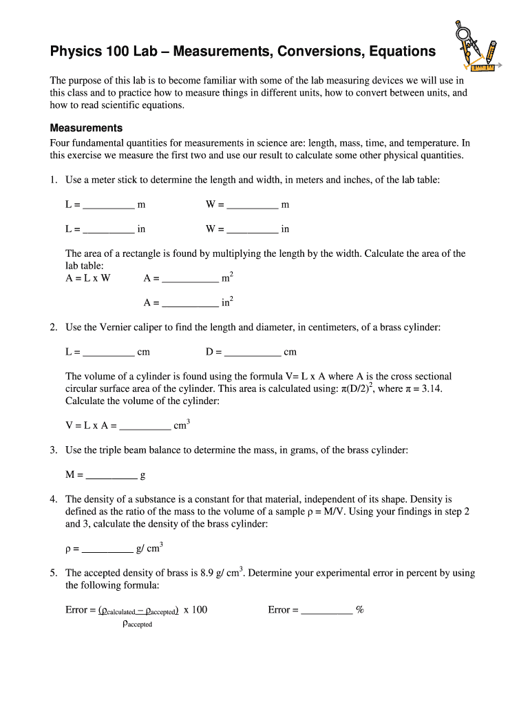 Fillable Online Physics 100 Lab Measurements, Conversions, Equations ...
