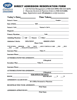 Fillable Online DIRECT ADMISSION RESERVATION FORM - Plantation FL Fax ...
