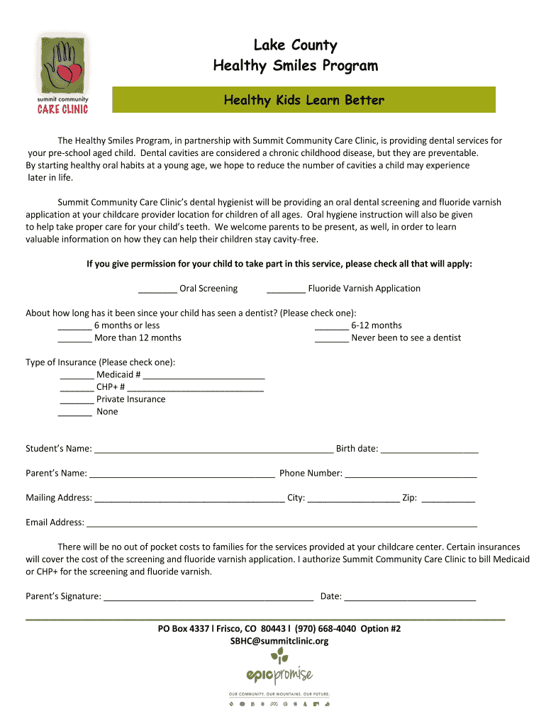 Fillable Online lakecountyschools Healthy Smiles Program ...