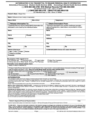 Fillable Online shs uconn Authorization for Release of Health ...