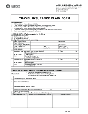 Fillable Online TRAVEL INSURANCE CLAIM FORM - China Taiping Insurance ...