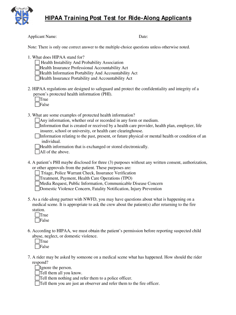 Fillable Online HIPAA Training Post Test for Ride-Along Applicants Fax ...