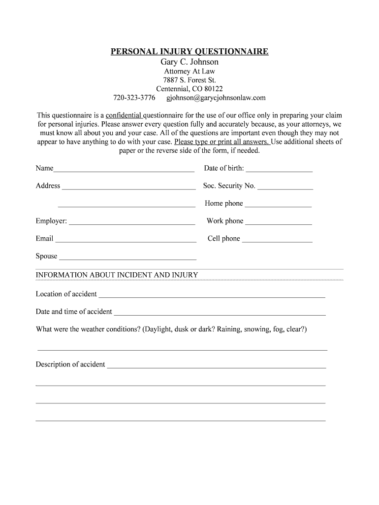 Fillable Online PERSONAL INJURY QUESTIONNAIRE Personal Injury ...