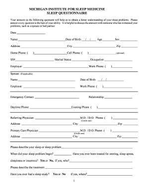 Fillable Online MICHIGAN INSTITUTE FOR SLEEP MEDICINE SLEEP ...