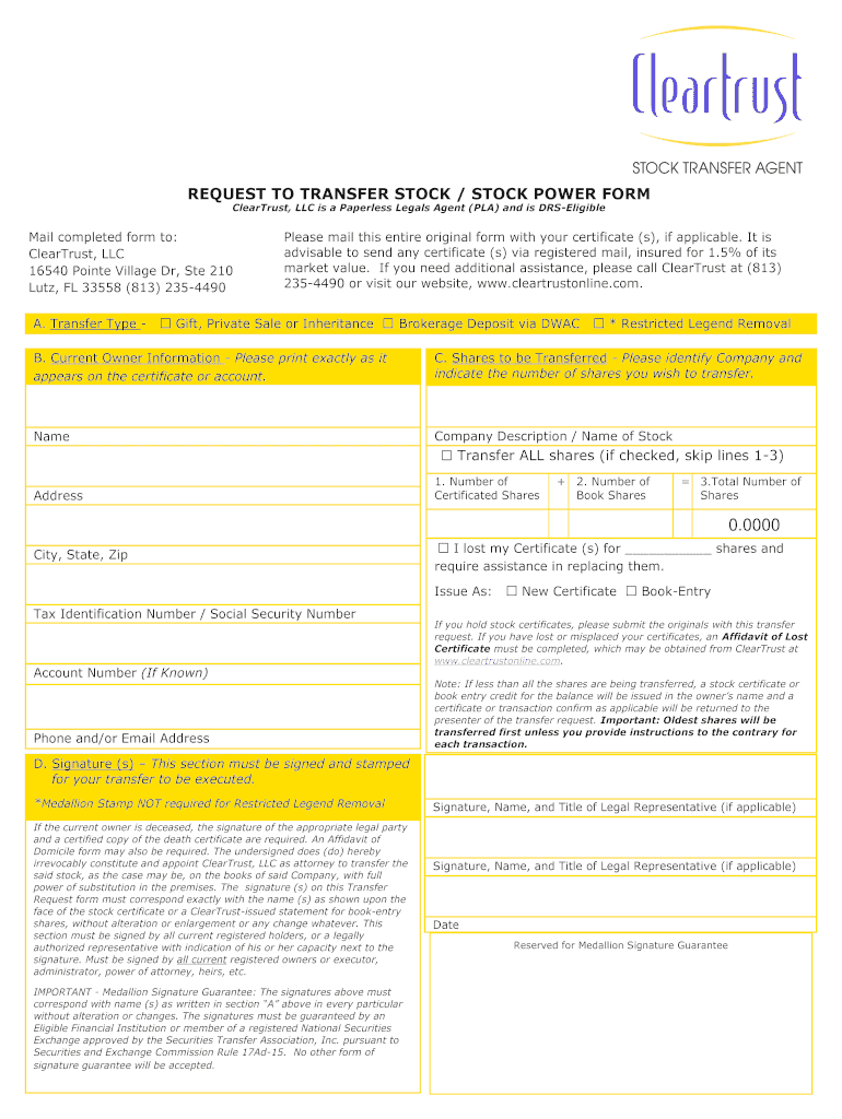 Fillable Online REQUEST TO TRANSFER STOCK STOCK POWER FORM Fax Email ...