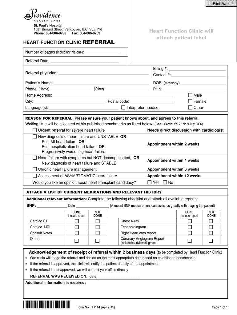 Fillable Online heartcentre HEART FUNCTION CLINIC REFERRAL - Heart ...
