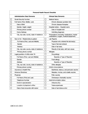 Fillable Online Personal Health Record Checklist Fax Email Print ...