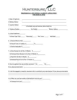 Fillable Online PROFESSIONAL AND GENERAL LIABILITY APPLICATION FOR ...